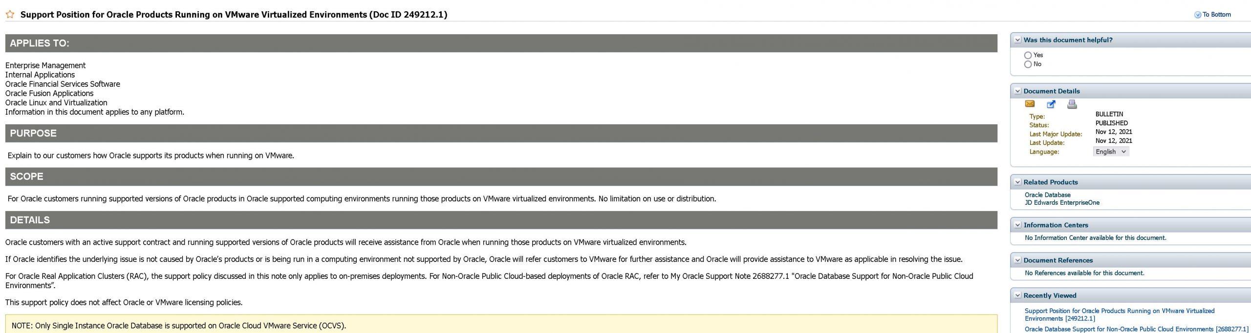 Oracle on VMware Support Policy – Metalink Note 249212.1 - VMware Cloud ...