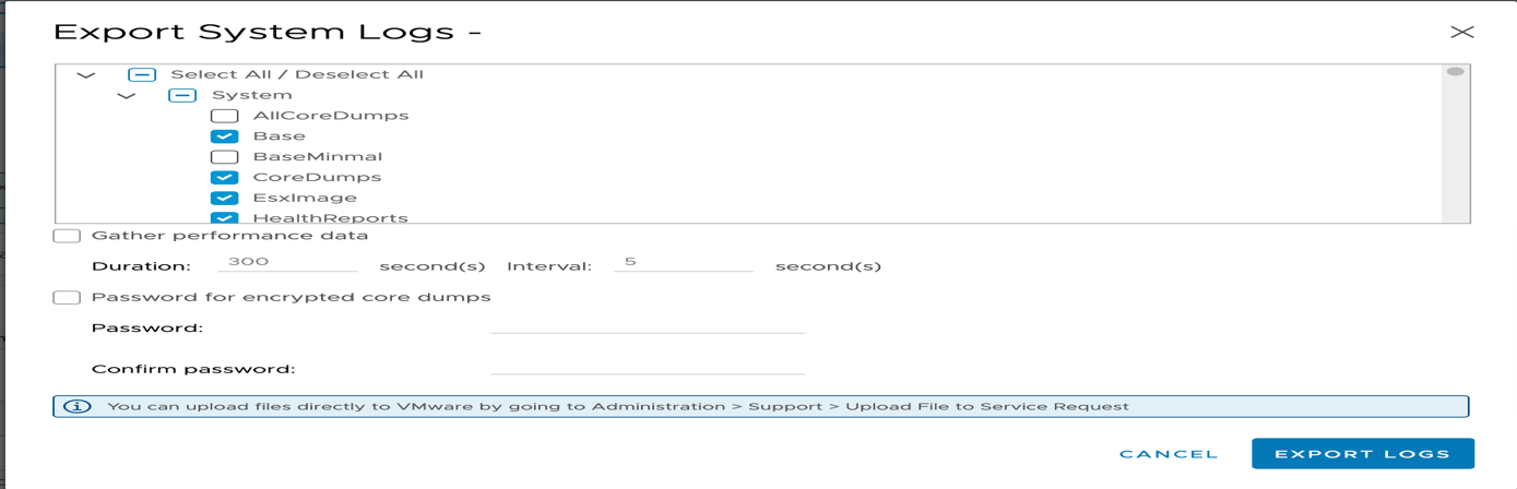 Export system logs (vCenter/host/vm) from vsphere-UI - VMware {code}
