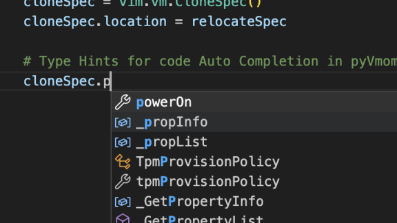 pyVmomi 8.0.1.0 supports code auto-complete with type hints - VMware {code} pyVmomi 8.0.1.0 supports code auto-complete with type hints - VMware {code}